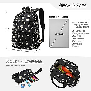 Classic Diamond Daisy Backpack for School Backpack for Girls Backpack with Lunch Box Bookbag Set Kids Backpacks for Teen Girls (Black)