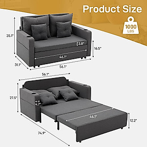 Busaurus 3 in 1 Loveseat Sleeper Sofa Couch Bed, 56" Full Size Convertible Sofa Bed, Pull Out Couch Bed with Storage Pocket, USB, Comfy Sofa Bed Couch for Living Room, Bedroom, Small Space, Dark Grey