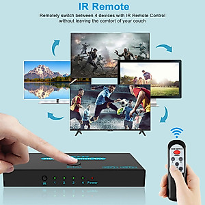 SGEYR HDMI 2.0 Switch 4 Port, HDMI Switch Splitter 4 in 1 Out, Metal HDMI Switcher 4K with IR Remote, Support HDCP 2.2 Support 4K@60Hz Ultra HD 3D 2160P 1080P, Compatible for PS3/PS4,Xbox