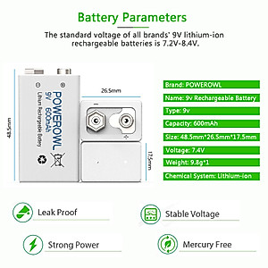 POWEROWL 9V Rechargeable Batteries 600mAh Lithium-ion Low Self Discharge Battery for Smoke Dectector and More 4 Pack