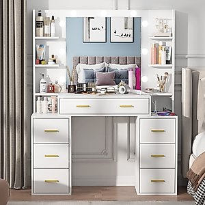 PAKASEPT Vanity Set with Lighted Mirror, 43'' Makeup Vanity with Charging Station, Vanity Desk with 9PCS LED Bulb, Storage Shelves, 7 Drawers for Bedroom(No Stool)