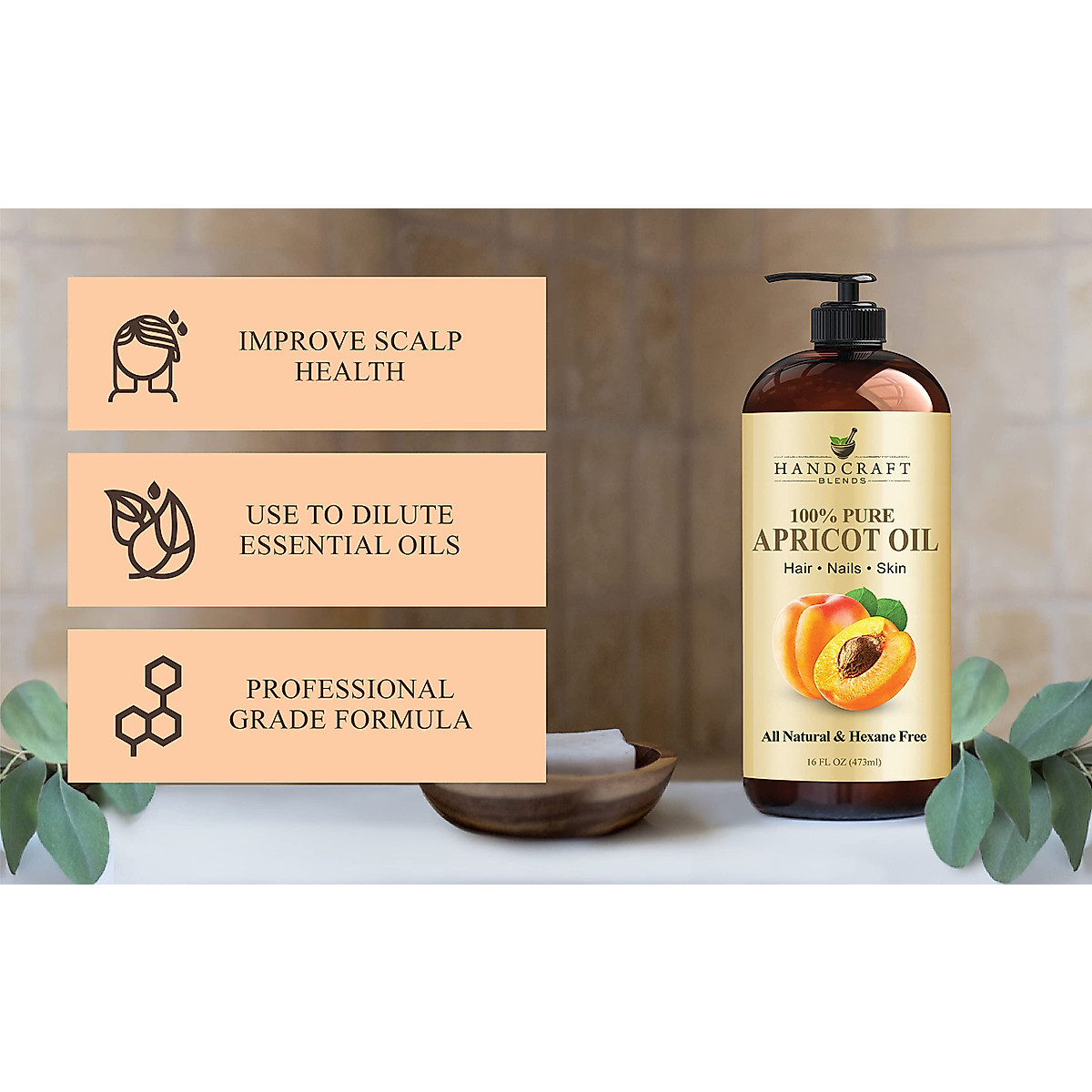 Handcraft Blends Apricot Kernel Oil - Cold-Pressed 16 Fl Oz - 100% Pure and Natural - Premium Grade Carrier Oil for Skin and Hair - Hair and Body - Massage - Hexane-Free