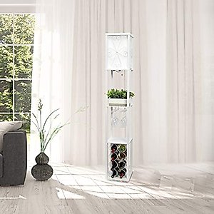 Simple Designs LF1015-WHT Etagere Organizer Storage Shelf and Wine Rack with Linen Shade Floor Lamp, White