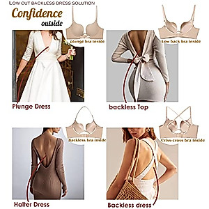 Haullps Deep Plunge Push Up Bra for Women Low back Bra Wire Lifting Bra with Multiway Convertible Straps Nude