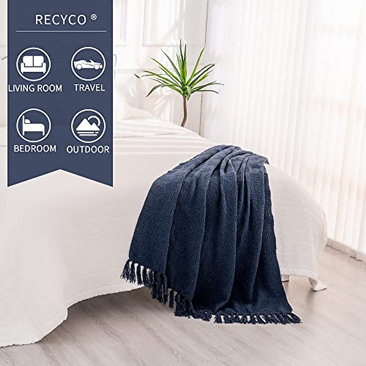 RECYCO Chenille Throw Blanket for Couch, Soft Cozy Knit Throw Blankets with Tassels, Woven Chenille Throw Blanket Knitted Blanket for Bed Sofa Chair, 50 x 60 Inches, Navy Blue, Laundry Bag Included
