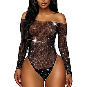RSLOVE Women's Sexy Mesh Lingerie Sparkle Fishnet Bodysuit Babydoll One Piece Fishnet Teddy Black