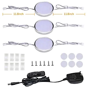 LED Under Counter Lighting Fixture,3 Pack Wired Linkable Under Cabinet Lights for Kitchen,Plug in Puck Lights with Manual Switch for Wardrobe Closet Showcase Bookcase（6000K Daywhite）