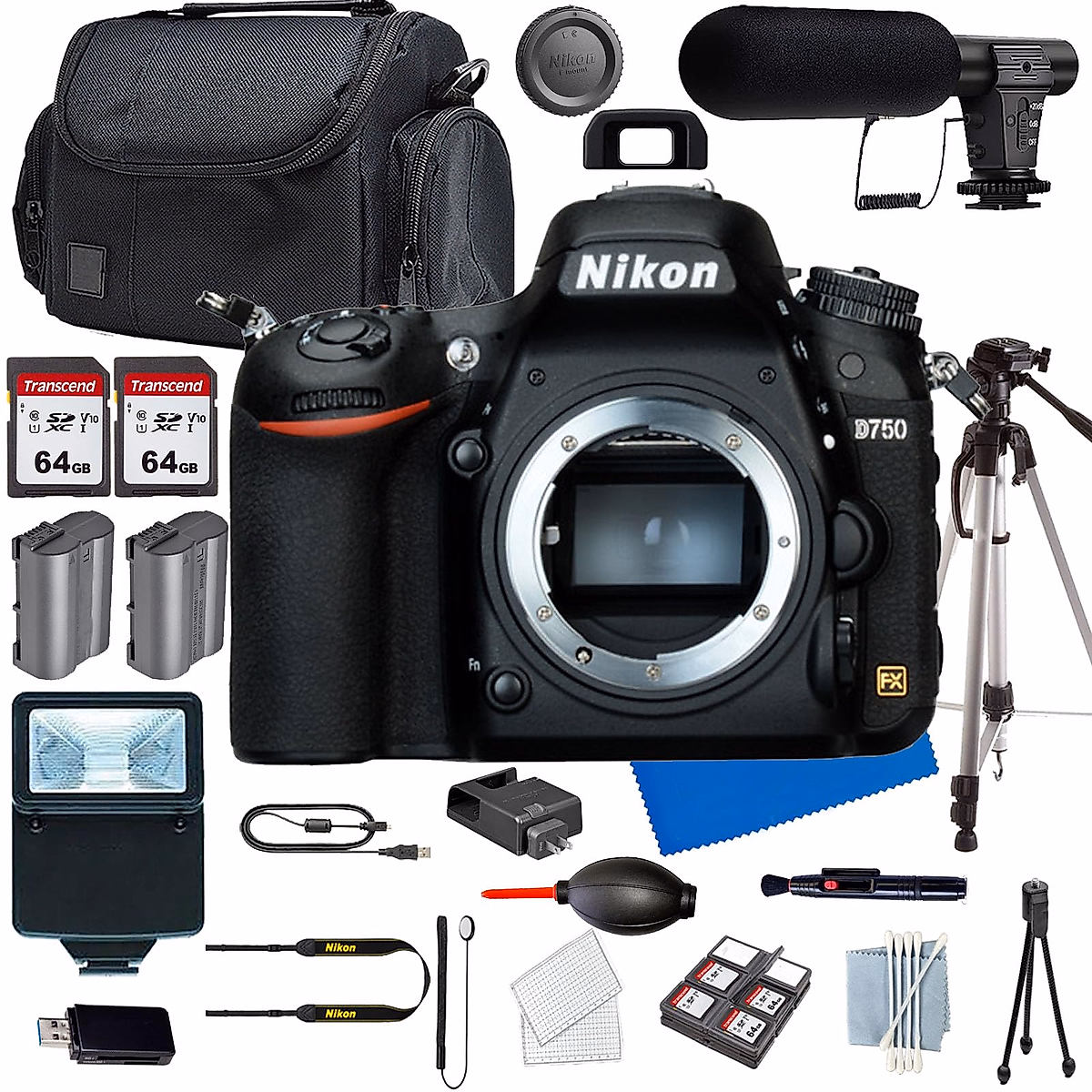 Nikon D750 DSLR Camera Body+Shot-Gun Microphone+Photo Software Package+ Case+128 GIG Memory+Slave Flash+Tripod(13PC) Bundle