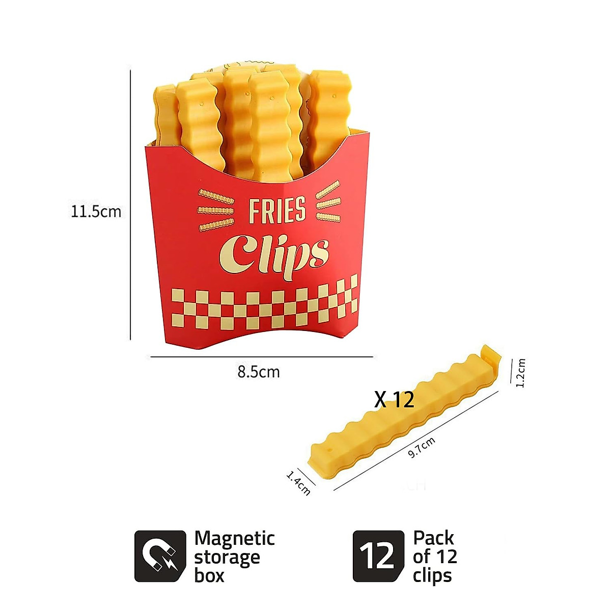 Magnetic Fries Chip Clips Set,12 Pack Durable Plastic Food Clip & Cute Refrigerator Magnets Curved Sealing Design French Fries Bag Clips for Food Fresh Storage, Kitchen Accessories & Home Decor