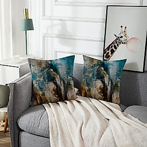 Emvency Set of 2 Throw Pillow Covers Modern Abstract Messy Turquoise Black and Brown Retro Painting Decorative Pillow Cases Home Decor Standard Square 18x18 Inches Pillowcases