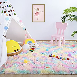Noahas Fluffy Rainbow Rug for Girls Bedroom, 4 x 6 Feet Pink Rugs for Bedroom Girls,Kids Room Rug,Fuzzy Rainbow Carpet Bedroom Rug,Playroom Shag Rug,Nursery Rugs for Baby,Room Decor for Teen Girls