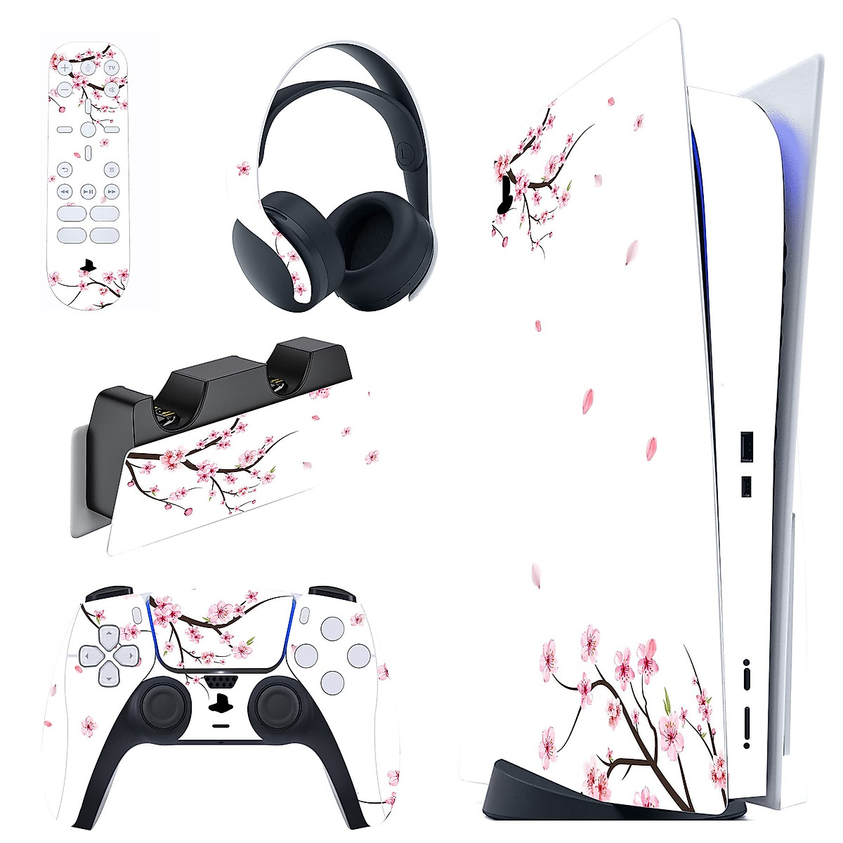 PlayVital Skin Decal for ps5 Console Disc Edition, Full Set Sticker Wrap Vinyl Decal Cover for ps5 Controller & Charging Station & Headset & Media Remote - Falling Cherry Blossom