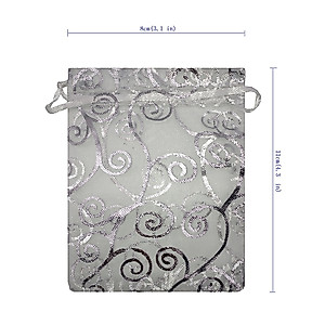 Ankirol 100pcs Sheer Organza Favor Bags For Wedding Baby Shower Rattan Print Gift Bags Samples Display Drawstring Pouches (3x4, silver)