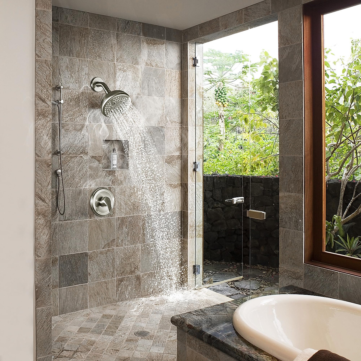 KINSE Brushed Nickel Shower Faucet Set, Shower Valve and Trim Kit With 5 Inches Rain Shower Fixtures, 5-Spray Shower Head and Faucet Set, Single Handle Control Shower Faucet Set with Valve