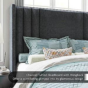AMERLIFE Queen Size Bed Frame, Velvet Upholstered Platform with Vertical Channel Tufted Headboard & Footboard/Wingback, Mattress Foundation Wood Slats, No Box Spring Needed, Grey (BF-004)