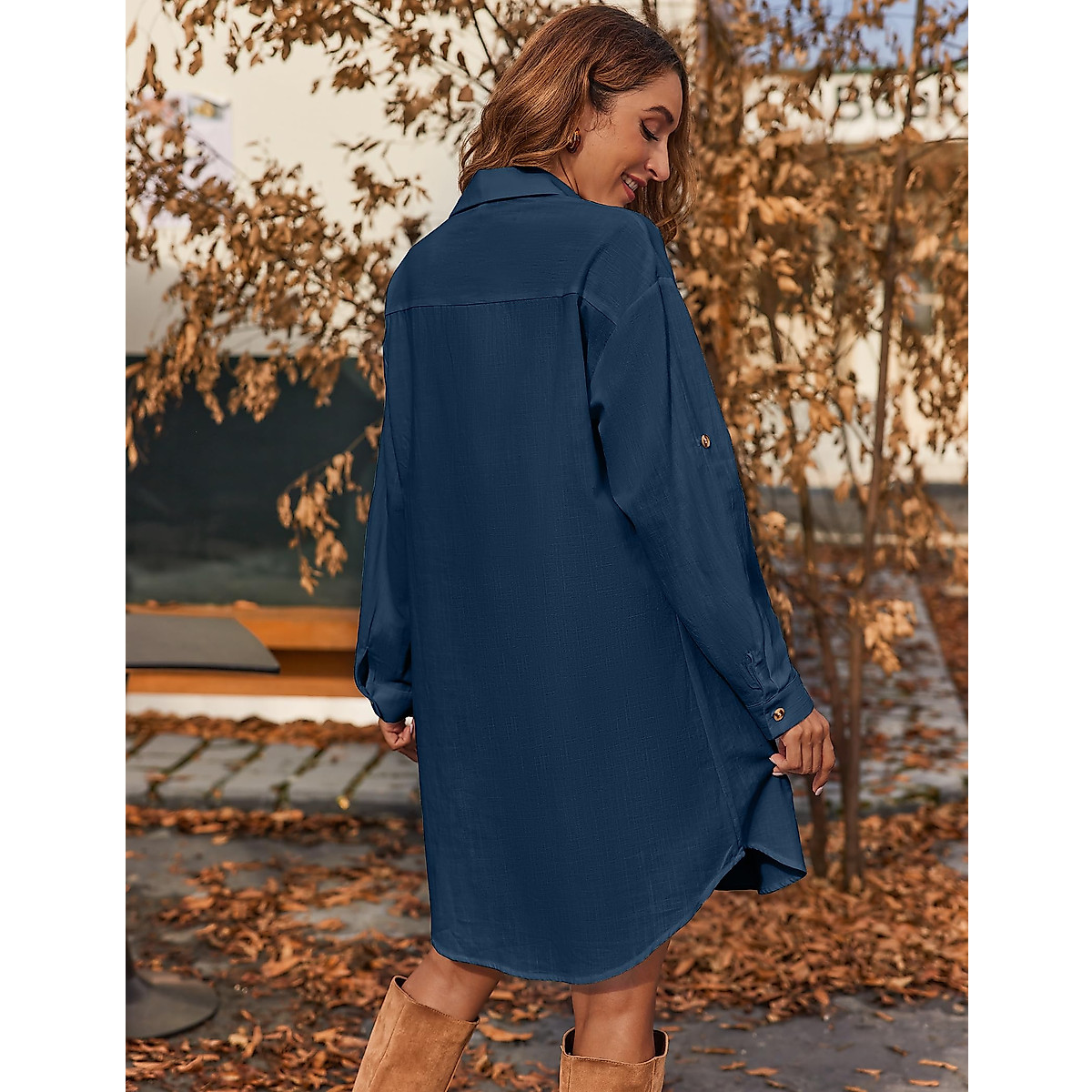 Zeagoo Long Sleeve Shirt Dress Summer Casual Cotton Dress Button Down Mini Dress,navy,XXL