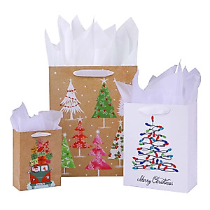 SUNCOLOR 9 Pack Christmas Gift Bags Assorted Sizes With Tissue paper (3 Large 13", 3 Medium 9", 3 Small 6",Brown)