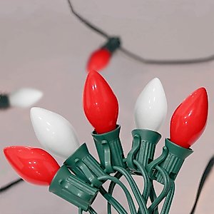 C7 Christmas Lights Outdoor, 25Ft Red White Christmas Decorative String Lights with 27 Red White Ceramic Bulbs(2 Spare), Commercial Vintage Christmas Lights for Holiday Xmas Roofline Wedding Home