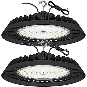 OSTEK 150W UFO LED High Bay Light 22500lm 5000K Daylight (750W MH/HPS Equiv) 0-10V Dimmable LED Shop Lights for Workshop, Commercial Warehouse, Garage - Hanging Hook, Safe Rope, UL Listed- 2 Pack