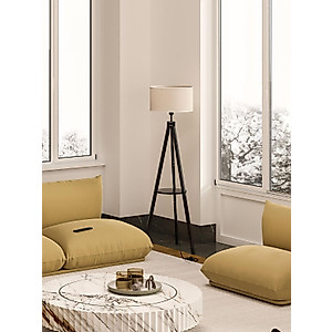 addlon Tripod Floor lamp with Remote, Floor Lamps for Living Room, Standing Wood lamp with Shelf, mid Century lamp with LED Bulb for Bedroom, Office (Stepless Brightness, Multiple CCT)- Black