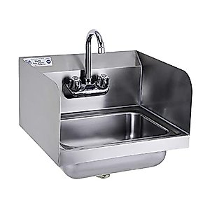 HALLY Stainless Steel Sink for Washing with Faucet and Side Splash, NSF Commercial Wall Mount Hand Basin for Restaurant, Kitchen and Home, 17 x 15 Inches