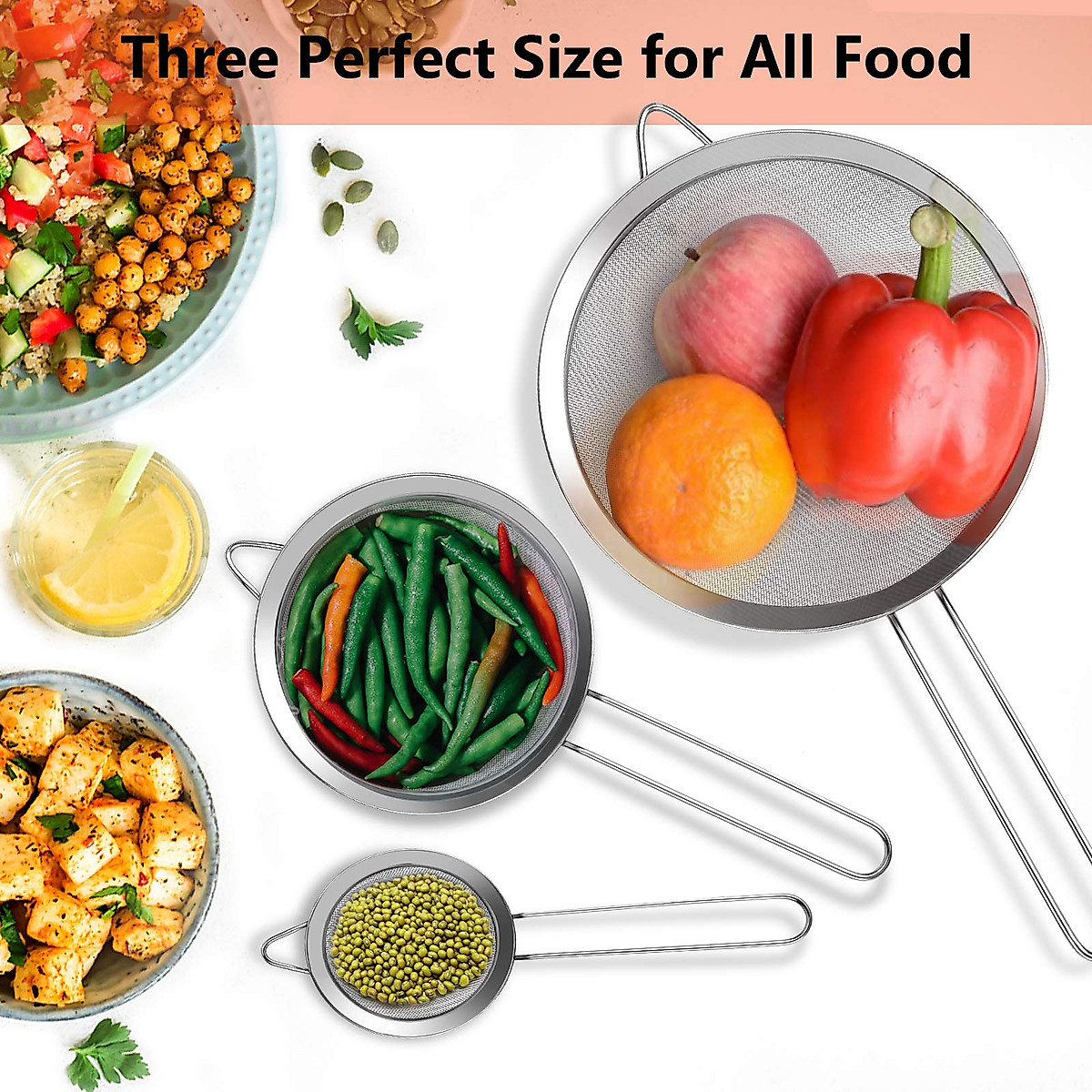 YLYL 3 Pcs Super Wire Extra Fine Mesh Strainer with Handle, Small Medium Large Size Sifter Metal Strainer Set, Stainless Steel Sieve Fine Mesh Strainers for Kitchen Rice Juice Quinoa Food Flour Baking