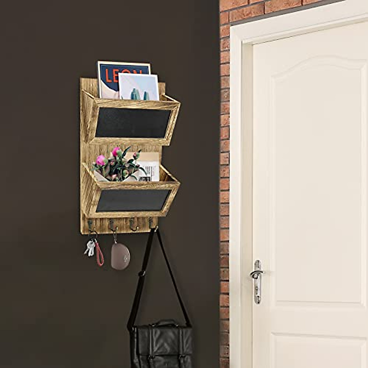 Megsooul Hanging Mail Organizer for Wall,Wall Mounted Mail Organizer with 4 Key Hooks,Letter Organizer Wall Mail and Key Holder with Mail Sorter,Key and Mail Holder for Entryway Wall