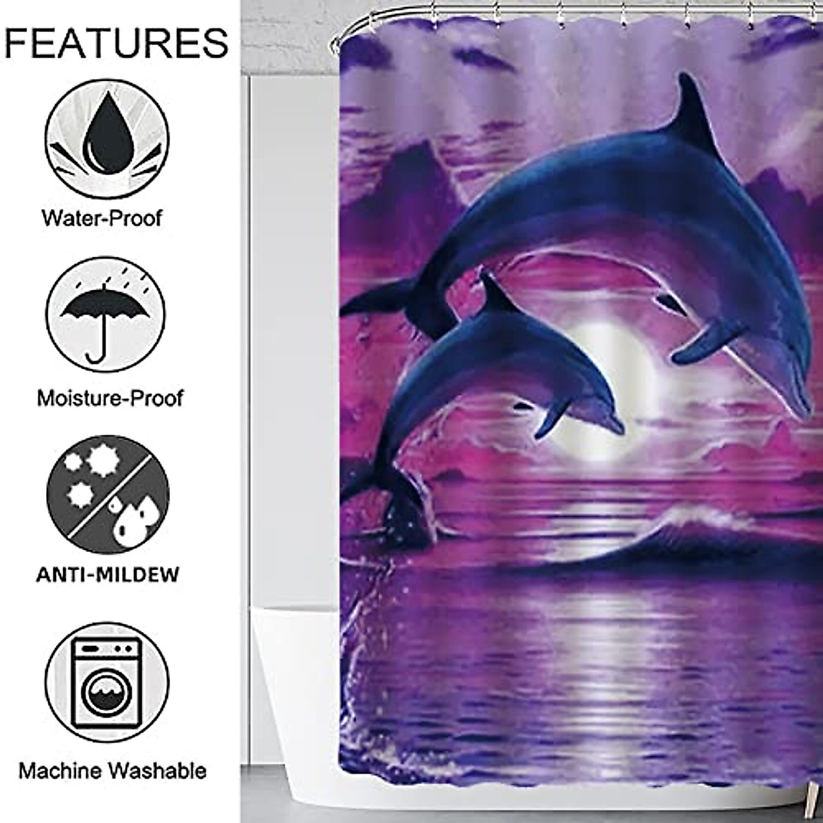 GUDAGUU 4 Piece Dolphin Shower Curtain for Bathroom Sets,Dolphines Jump on The Ocean Bathtub Decor with Bath Rugs,U Shape Mat Toilet Seat Cover and Hooks , 71 Inch Size Long Shower Curtains (Purple)