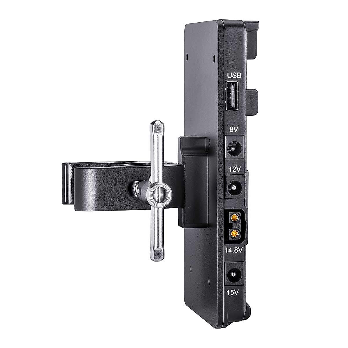 Fomito V-Lock V Mount Battery Adapter Plate with Super Clamp for Lighting Stand,Tripod, Support Rod, with D-TAP/DC/USB Power Output for Camcorder, DSLR Camera, LED Video Light, Monitor, Microphone