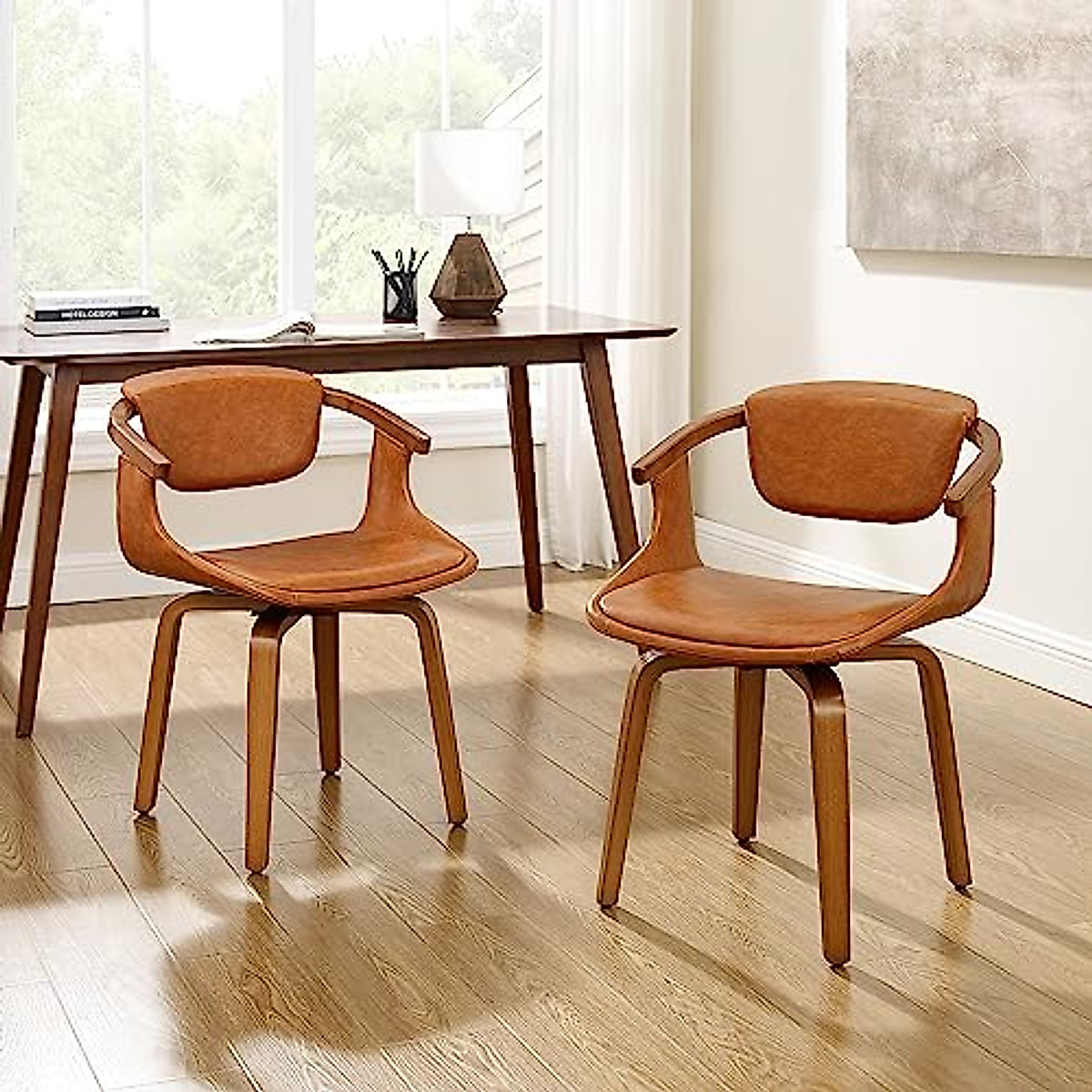 Art Leon Swivel Dining Chairs, Set of 2, Mid Century Modern Faux Leather Kitchen Dining Room Chair with Arms, Desk Chairs No Wheels, Brown