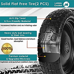 13" Solid Flat Free Tires and Wheels 2 Pcs, 3.50-9 Rubber Tire Replacement Axle Bore Hole, Air less Wheel for Hand Truck/Trolley/Garden Cart/Lawn Mower/Wheelbarrow, 2Packs, Black