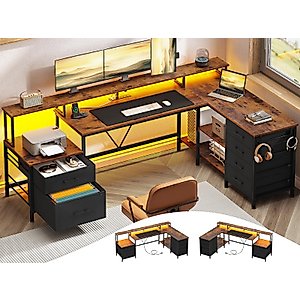 UPOSOJA L Shaped Gaming Desk with Power Outlet, 78" Reversible Corner Computer Desk with File Drawers & LED Strip, Home Office Desk with Storage Shelves Monitor Shelf CPU Stand Mouse Pad Brown