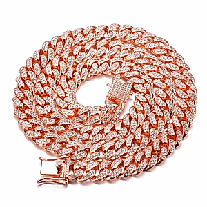 Halukakah Gold Chain for Men Iced Out,14MM Rose Gold Plated Diamond Cuban Link Chain Necklace 18",Lab Dimaonds Prong Set,Gift for Him