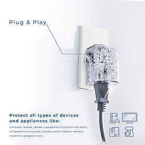Clamper Single Outlet Surge Protector Right Angle & Space Saving, 1800 Joules, 1875W, for TV, PC, Xbox, PS5, Refrigerators and Other Appliances (Wall Surge Protector),1-Pack in Clear
