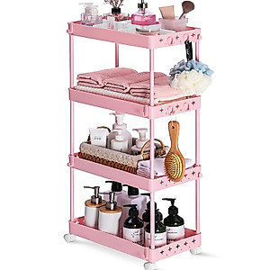KINGRACK 4 Tier Rolling Utility Cart with Adjustable Dividers,Multi-Purpose Storage Craft Art Cart Trolley Organizer,Slide Out Mobile Trolley or Bedroom Bathroom Kid's Room Laundry Room,Pink