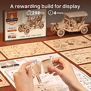 ROKR 3D Wooden Puzzle Model Car Kits to Build for Adults, 1:15 Scale Vintage Car Model Building Kit 298pcs Wood Craft Hobby Gift for Teens Men Women Christmas