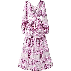 LYANER Women's Print Deep V Neck Puff Long Sleeve Cut Out Side Flowy Long Dress Pink Medium