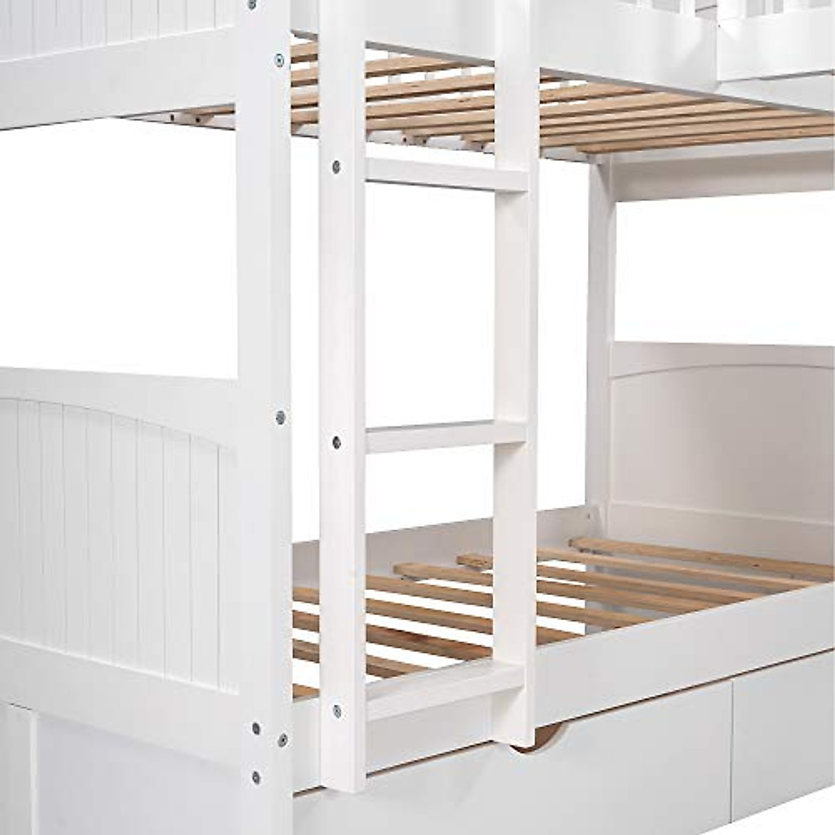 BOVZA Twin Over Twin L-Shaped Triple Bunk Beds with 2 Storage Drawers and 2 Ladders, Wood Bunk Beds with a Loft Attached for 3 Kids Teens, White