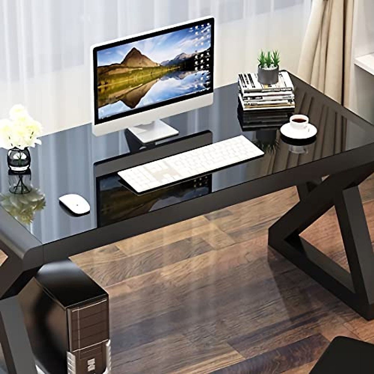NA Tempered Glass Computer Desk with X-Shaped Metal Frame, Fashion Modern Design Writing and Study Desk, Work Desk for Home Office (55.1 inch)
