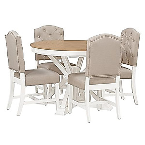 Dinehome 5-Piece Retro Style Extendable Round Dining Table Set with 4 Upholstered Chairs, Oak Natural Wood + Off White