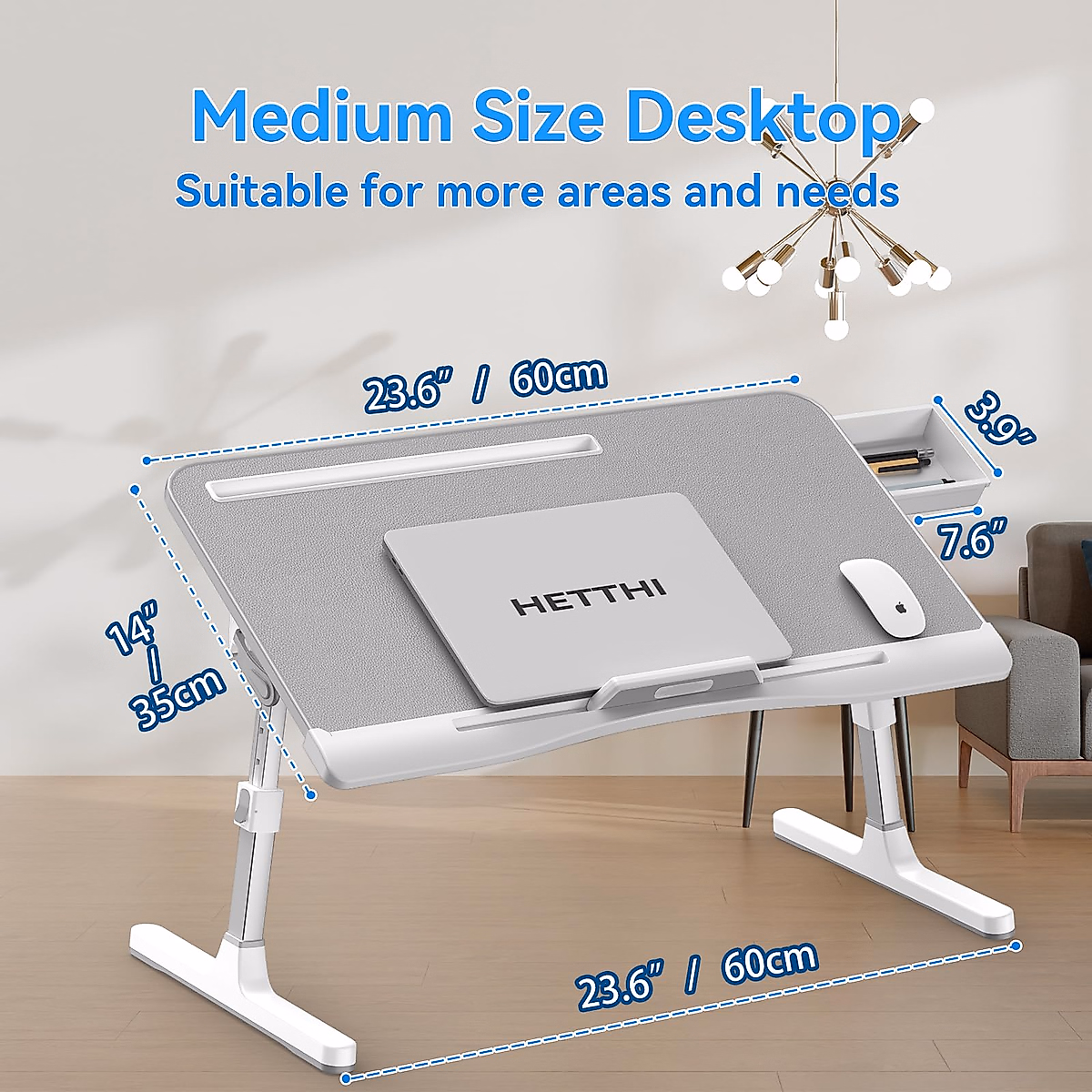 HETTHI Laptop Bed Table, Height & Angle Adjustable Laptop Desk for Bed with Premium Materials, Super Sturdy Foldable Laptop Bed Tray Table with drawer for Bed Couch Floor (Gray, 23.6"×14")