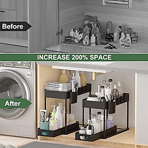 seasky Under Sink Organizers and Storage 2 Pack, 2 Tier Adjustable Height Sliding Bathroom Organizer, Kitchen Organizer Multipurpose Under Sink Cabinet Storage with 8 Hooks and 2 Hanging Cup