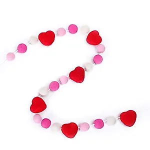 Whaline Valentine's Day Wool Felt Pom Pom Banner Romantic Red Heart Felt Garland Rose Red Pink White Pom Ball Hanging Bunting Garland for Wedding Anniversary Home Wall Decor Party Supplies, 5.9Ft