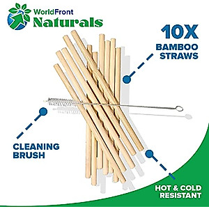 WorldFront Naturals Reusable Straws with Case & Straw Cleaner Brush - Eco Friendly Bamboo Straws Reusable Pack of 10, Used as Cocktail Straws, Smoothie Straws, Travel Straws, Coffee Straws