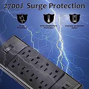 Surge Protector Power Strip 6 ft Flat Plug Power Strip, Multiple Plug Outlet, Outlet with 8 Sockets 4 USBInterface, 1875W, 2700 Joules, Black，Desktop Power Strip