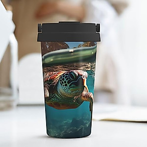 Reusable Coffee Mug with Lid and Handle, Palm Trees and Sea Turtles Diving Underwater Tumbler for Hot & Cold Drinks 16oz Stainless Steel Insulated Coffee Tumblers Double Wall Vacuum Thermal Cup