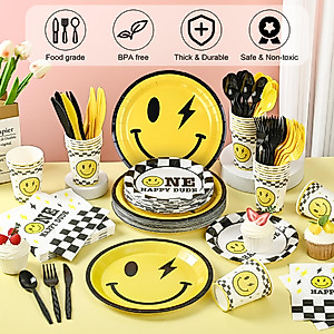 168Pcs One Happy Dude Birthday Paper Plates Yellow Smile Face Party Plates One Happy Dude Plates Cups Napkins Plastic Spoons Forks Knives Party Favors for Birthday Baby Shower Bachelor Party,Serves 24