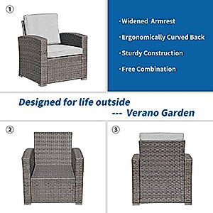 Verano Garden 4 Piece Patio Conversation Set,All Weather Rattan Wicker Patio Furniture Set with Thick Cushions and Tempered Glass Coffee Table for Porch, Backyard, Patio, Dark Gray (Light Gray)