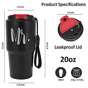 Mr & Mrs Tumblers Set, Mr and Mrs Stainless Steel Insulated Travel Mug Tumblers with Hand Strap, 20 oz Couples Drinking Coffee Cups for Newlyweds Engagement Wedding Gifts Bridal Shower Anniversary