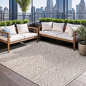 Beverly Rug Waikiki Indoor Outdoor Rug 6x9, Washable Outside Carpet for Patio, Deck, Porch, Trellis Area Rug, Water Resistant, Beige - White